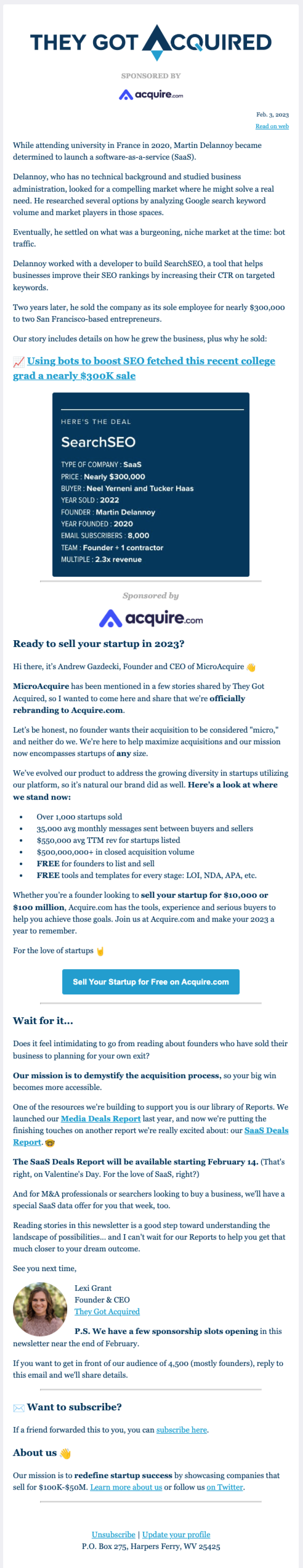 They Got Acquired Sponsored Email Advertising | Paved