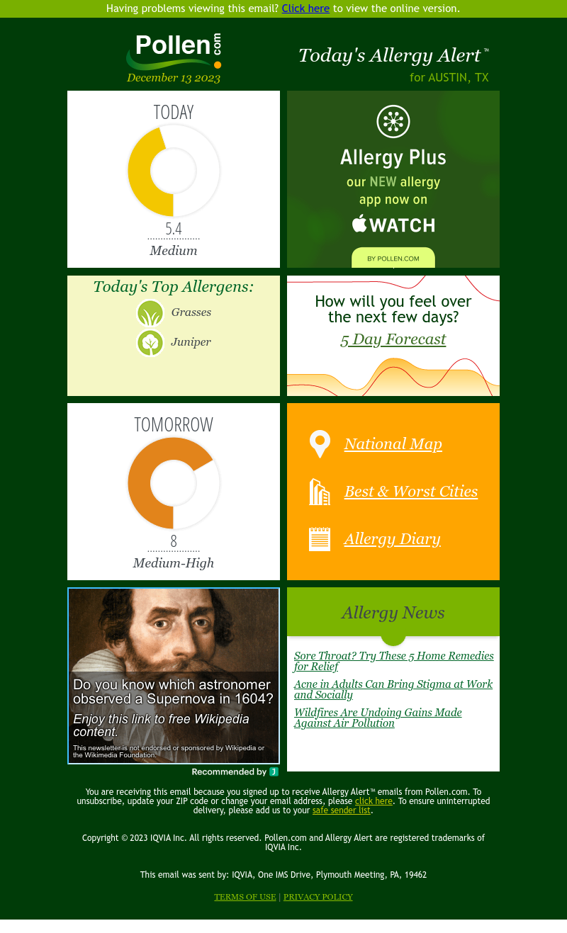 Allergy Alert by Pollen.com Sponsored Newsletter Advertising | Paved